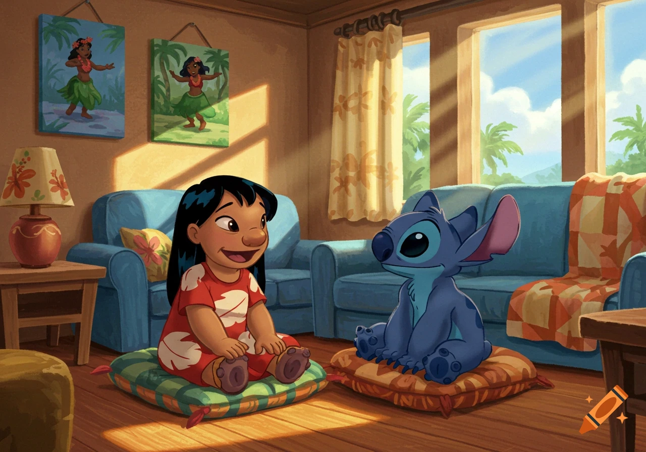 Lilo and Stitch sit on pillows in a sunny living room. on Craiyon