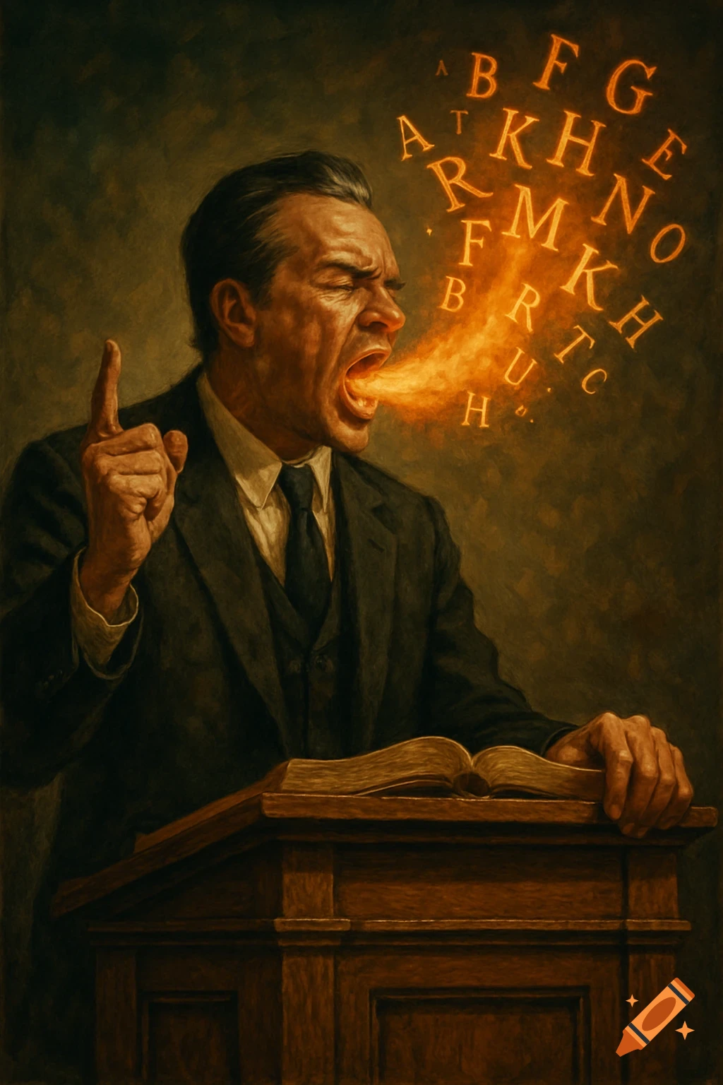 Painting of a man speaking forcefully from a pulpit with fire and ...