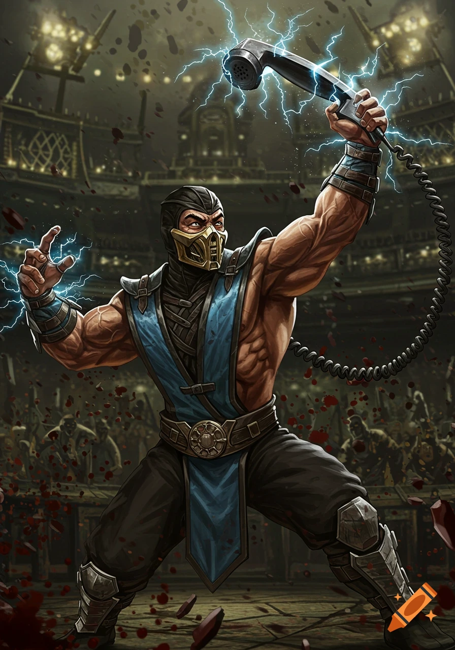 Sub-Zero from Mortal Kombat holds up an electrified phone receiver in a bloody arena ...