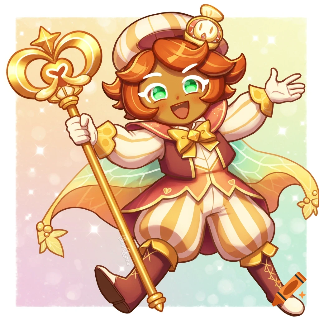Smiling Cookie Run Kingdom character in an ornate costume holding a ...