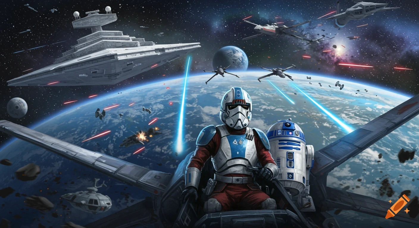 A space pilot and droid in a fighter cockpit during a battle above a ...