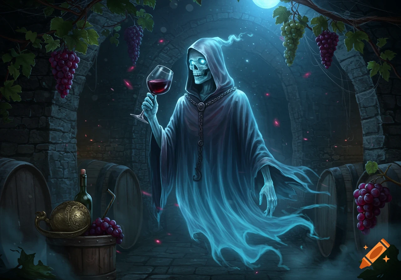 A skeletal ghost in a hooded robe holds a wine glass in a dark fantasy ...
