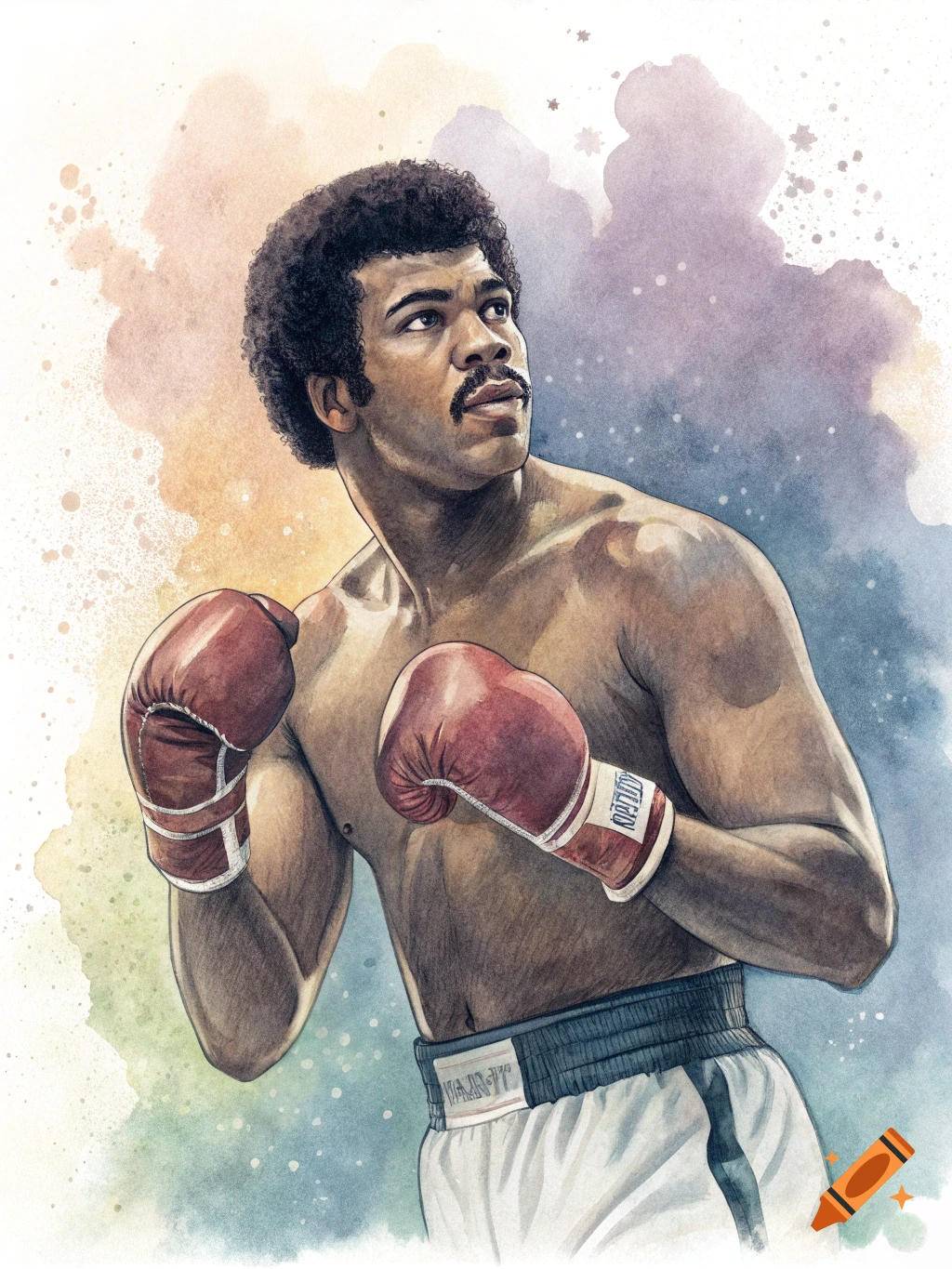 Watercolor painting of Muhammad Ali in a boxing stance. on Craiyon