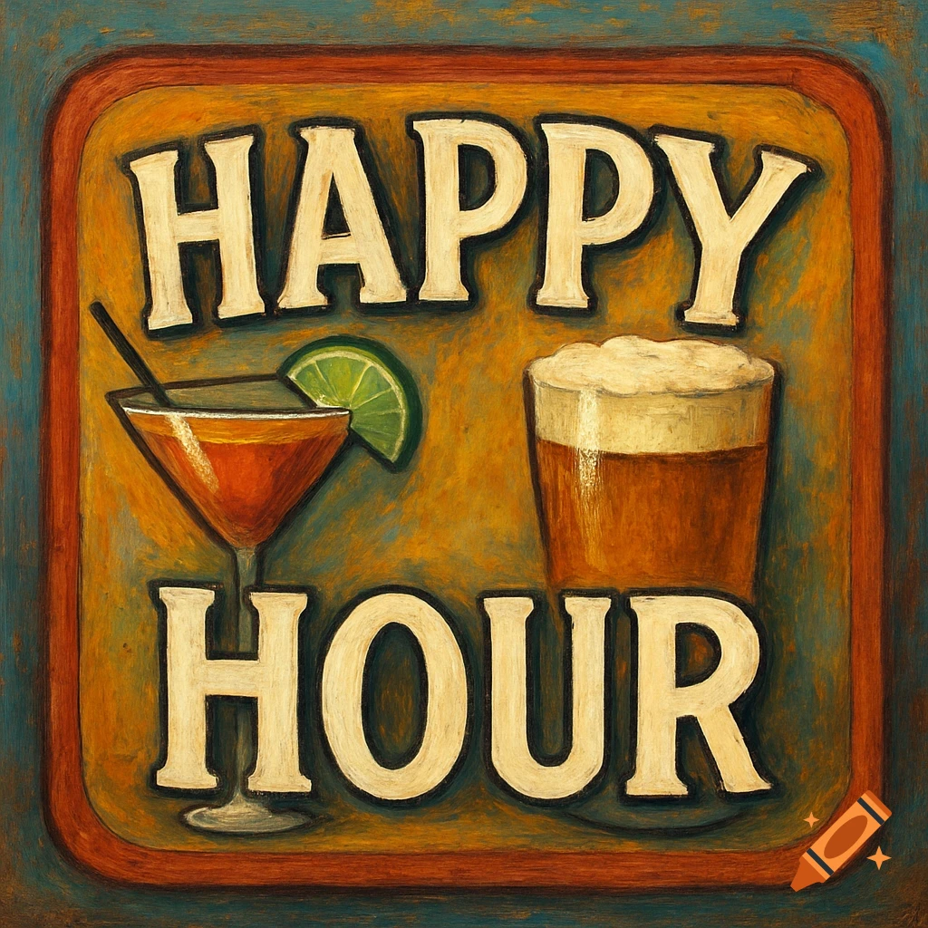 Painted sign with HAPPY HOUR text, cocktail, and beer on Craiyon