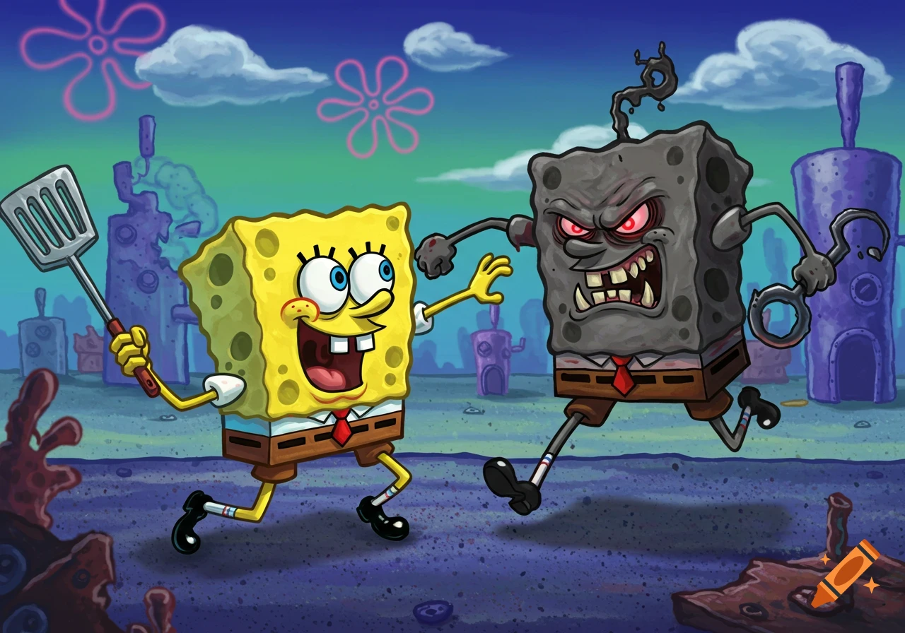 Spongebob Squarepants fights an evil version of himself. on Craiyon