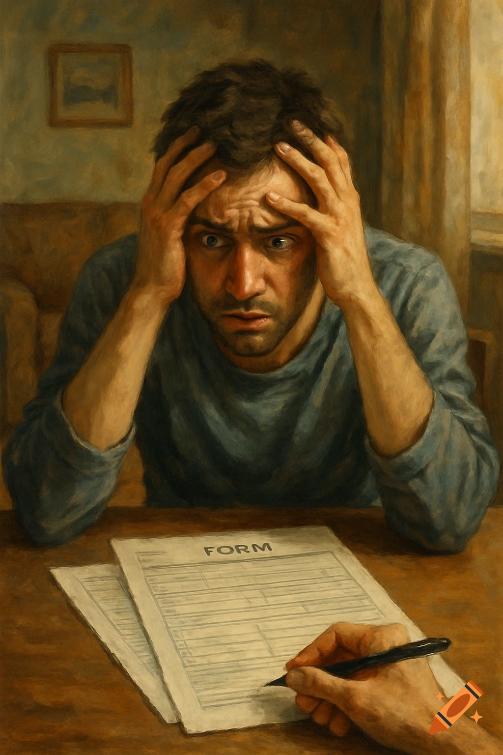 A distressed man clutches his head while looking at a paper form on a ...