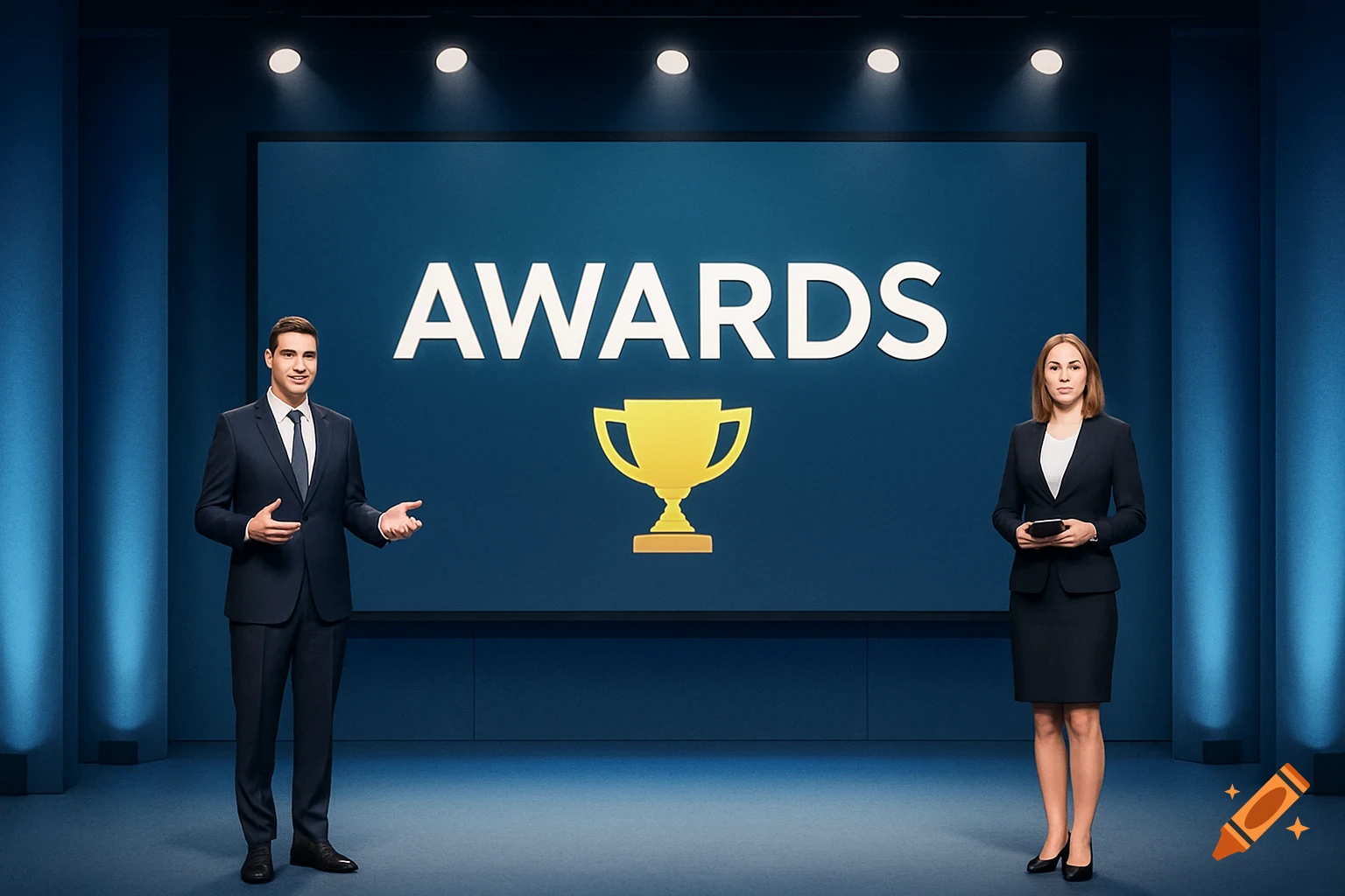 Two presenters stand on a stage with a screen displaying the word ...