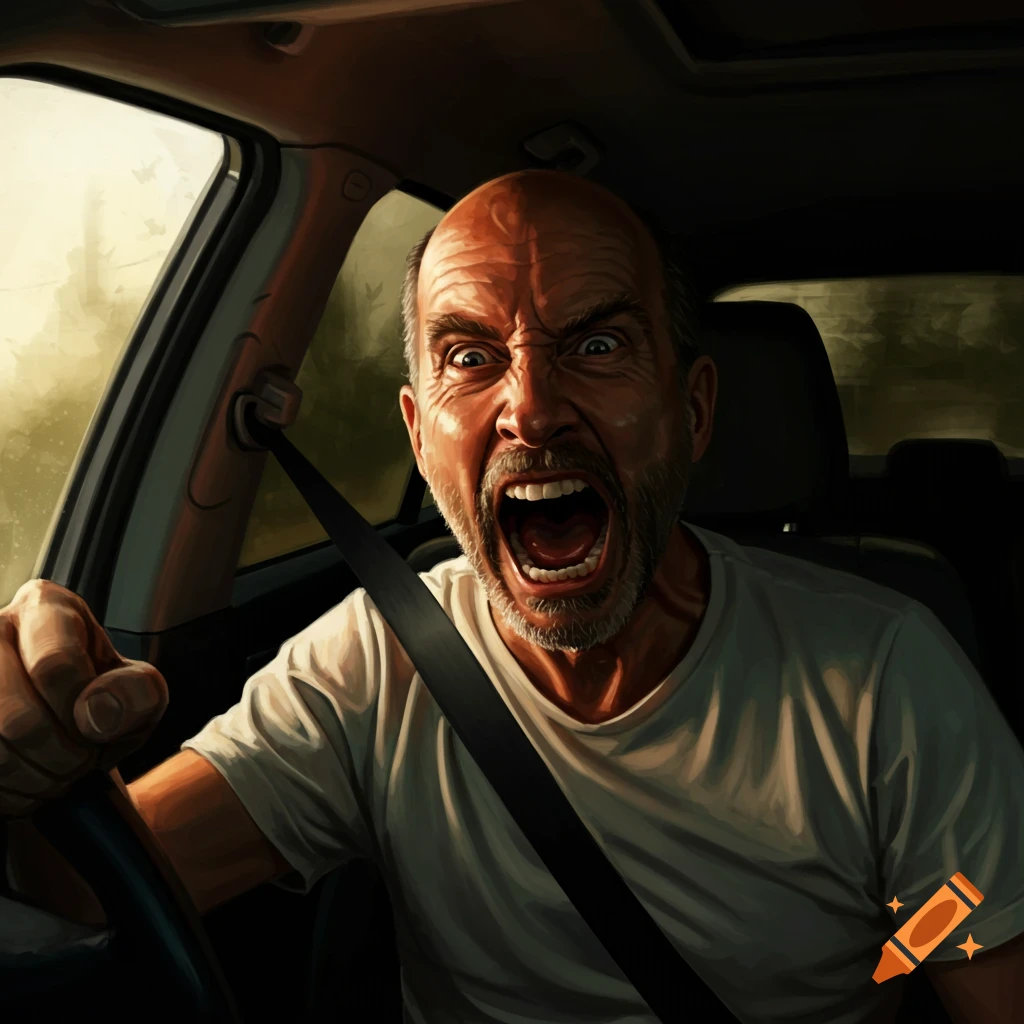 Illustration of a bald man screaming while driving in his car on Craiyon