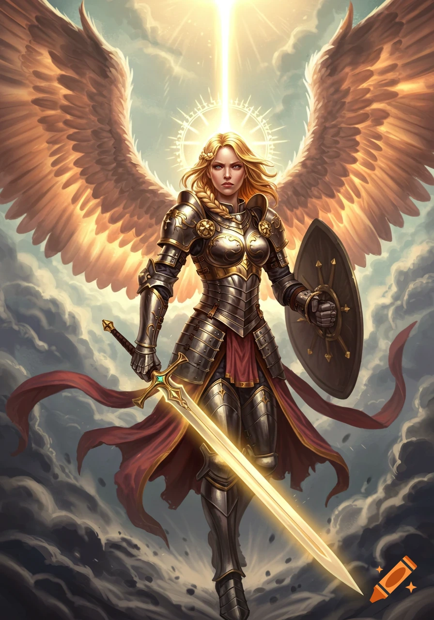 A female angel warrior in golden armor with large wings, holding a ...