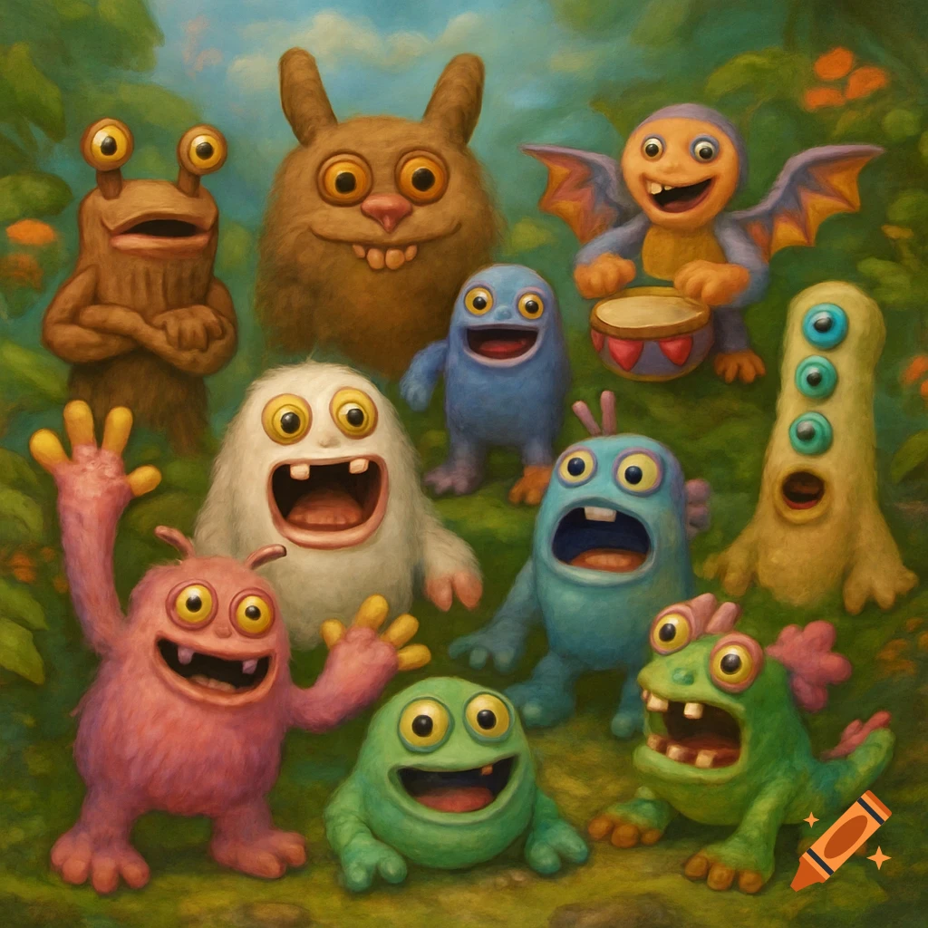 A group of colorful cartoon monsters smile and pose in a forest setting, digital painting style ...
