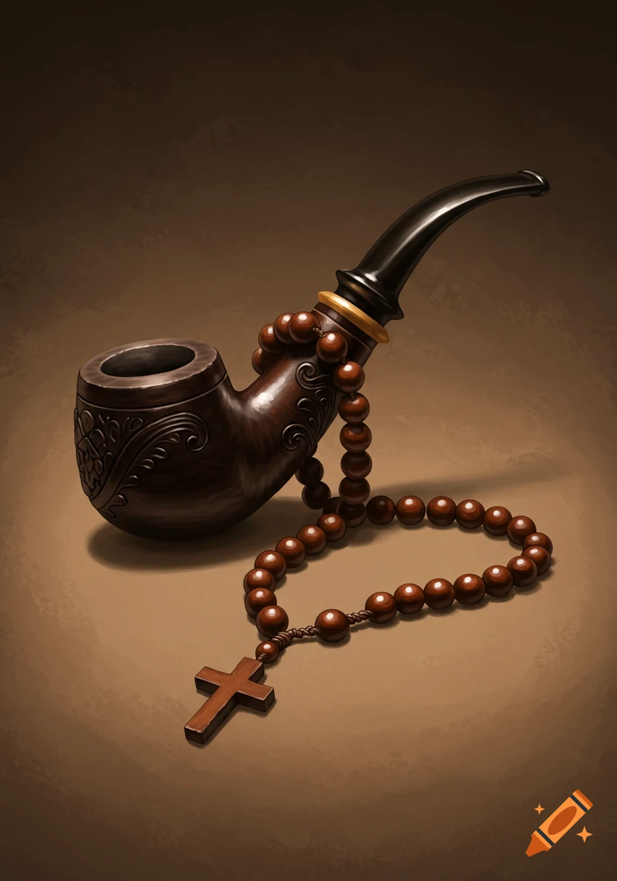 A still life image of a dark wooden smoking pipe with a brown rosary ...