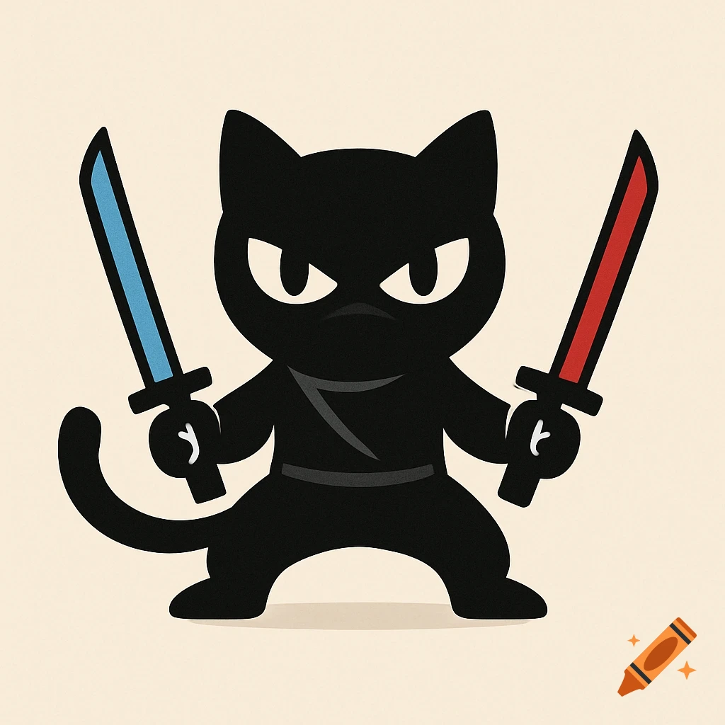 A black cartoon ninja cat holds a blue sword and a red sword. on Craiyon
