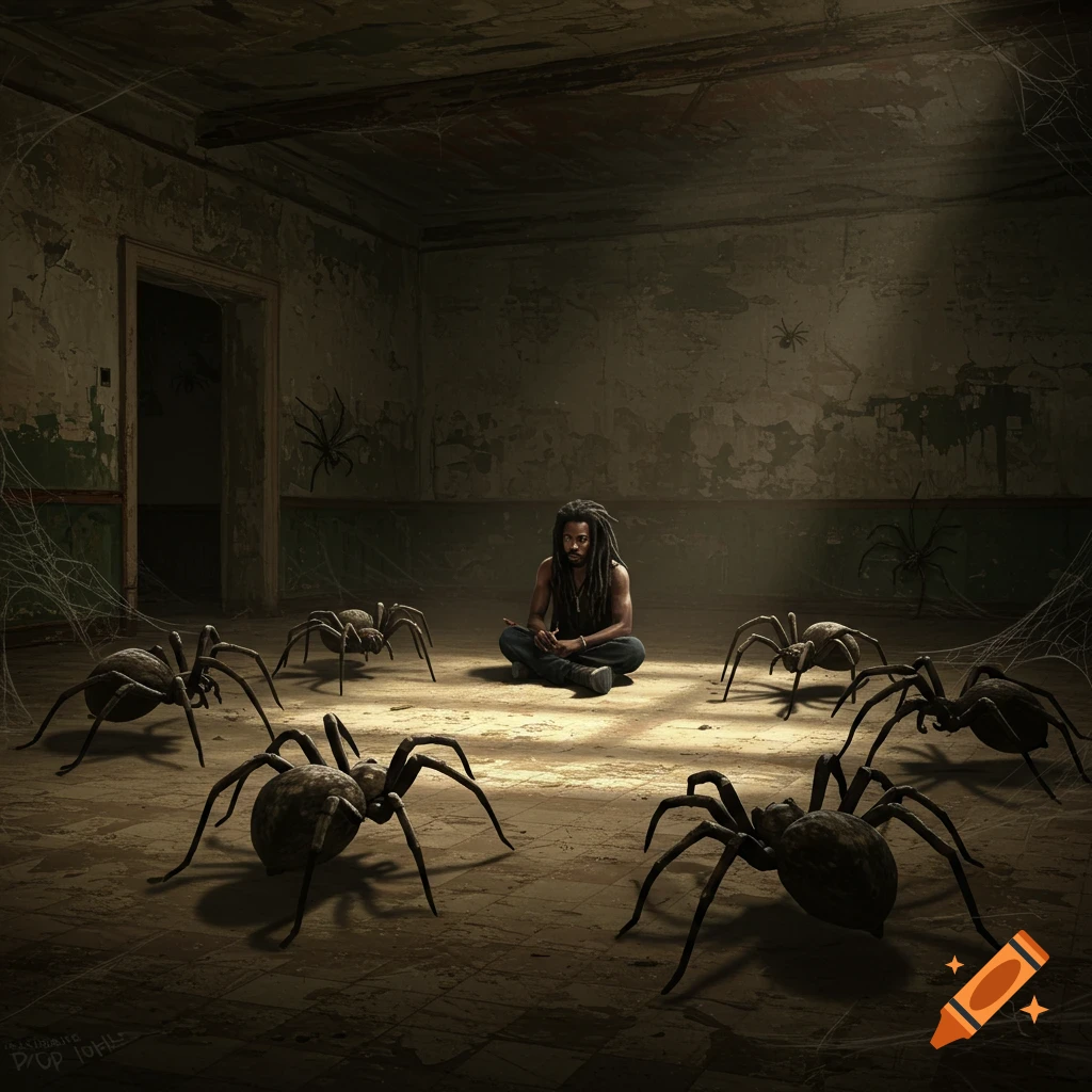 A person sits cross-legged in the center of a derelict room, surrounded ...