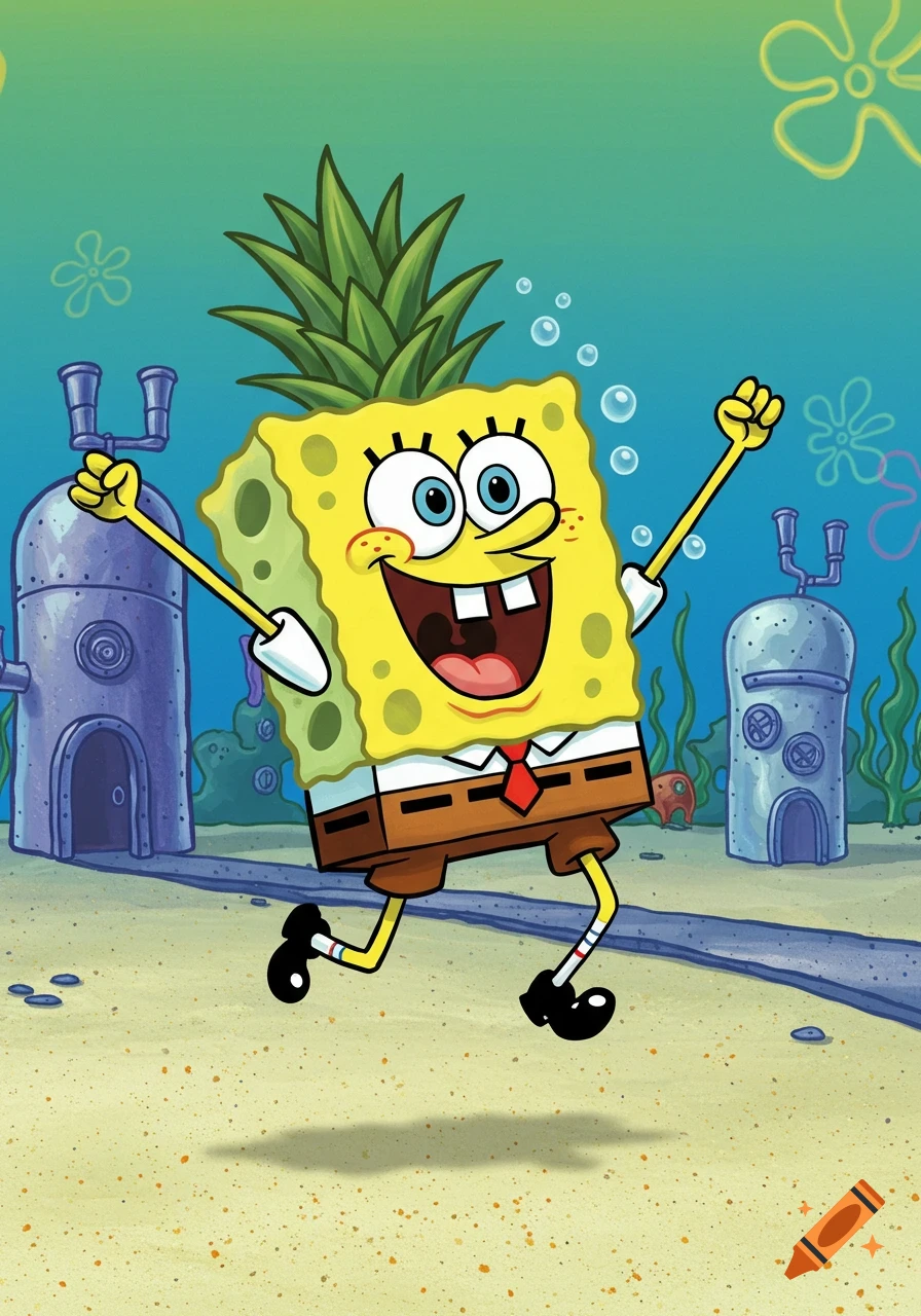 Spongebob Squarepants jumps excitedly underwater with a pineapple on ...