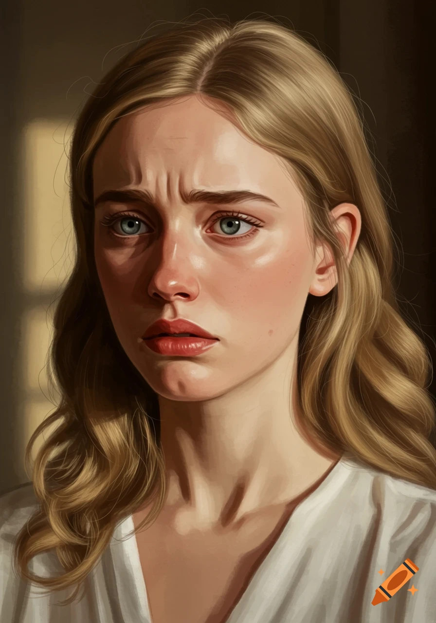 Realistic drawing of a young woman with a worried expression. on Craiyon