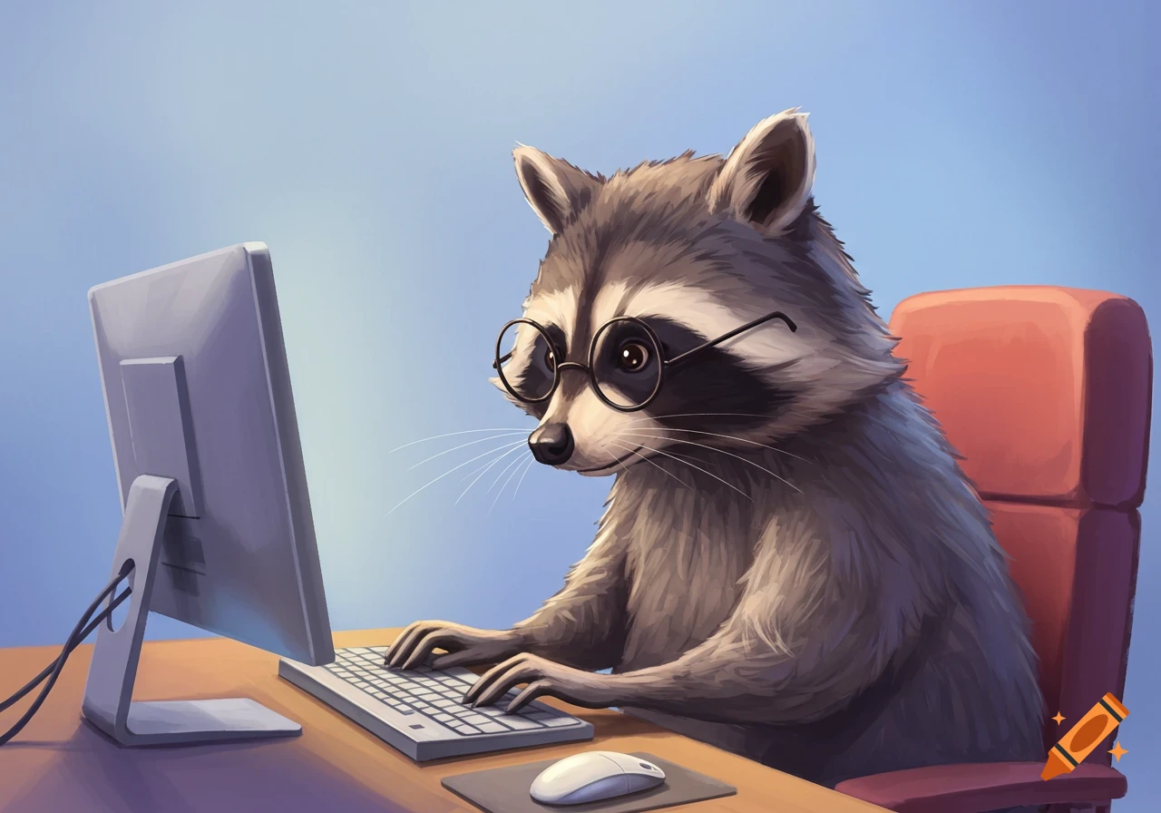 Cartoon illustration of a raccoon wearing glasses and typing on a ...