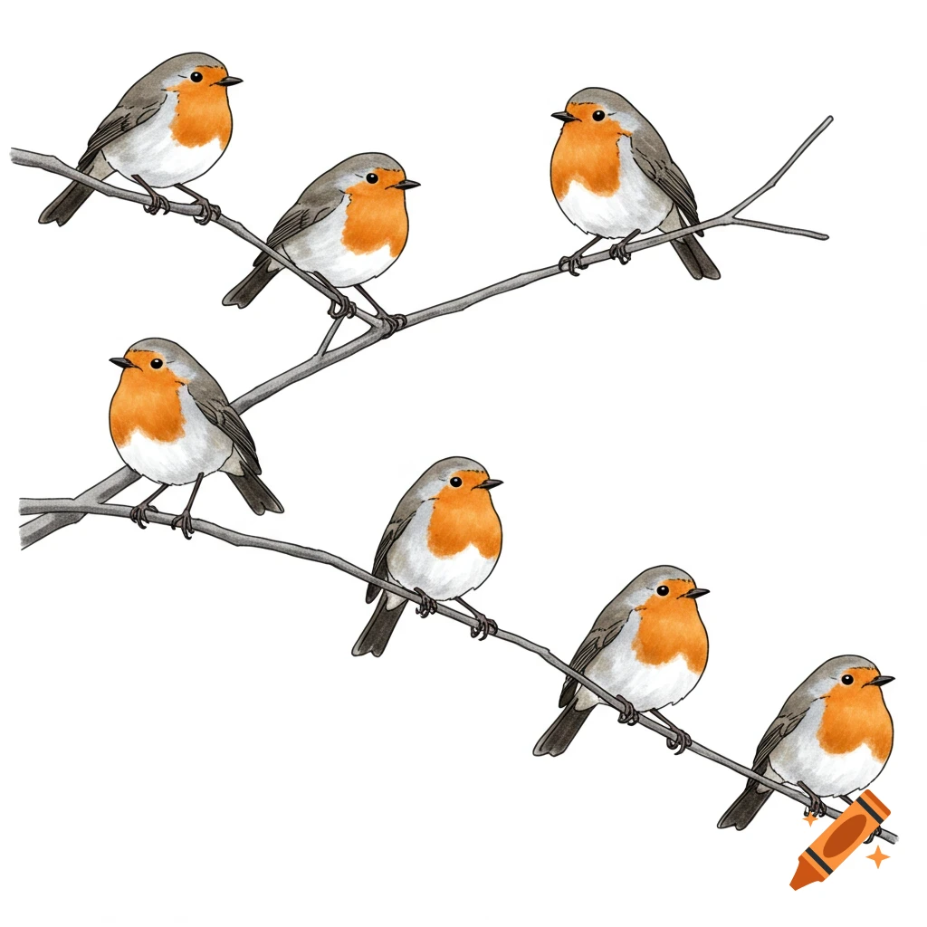 Multiple robin birds with orange chests sit perched on branches in a ...