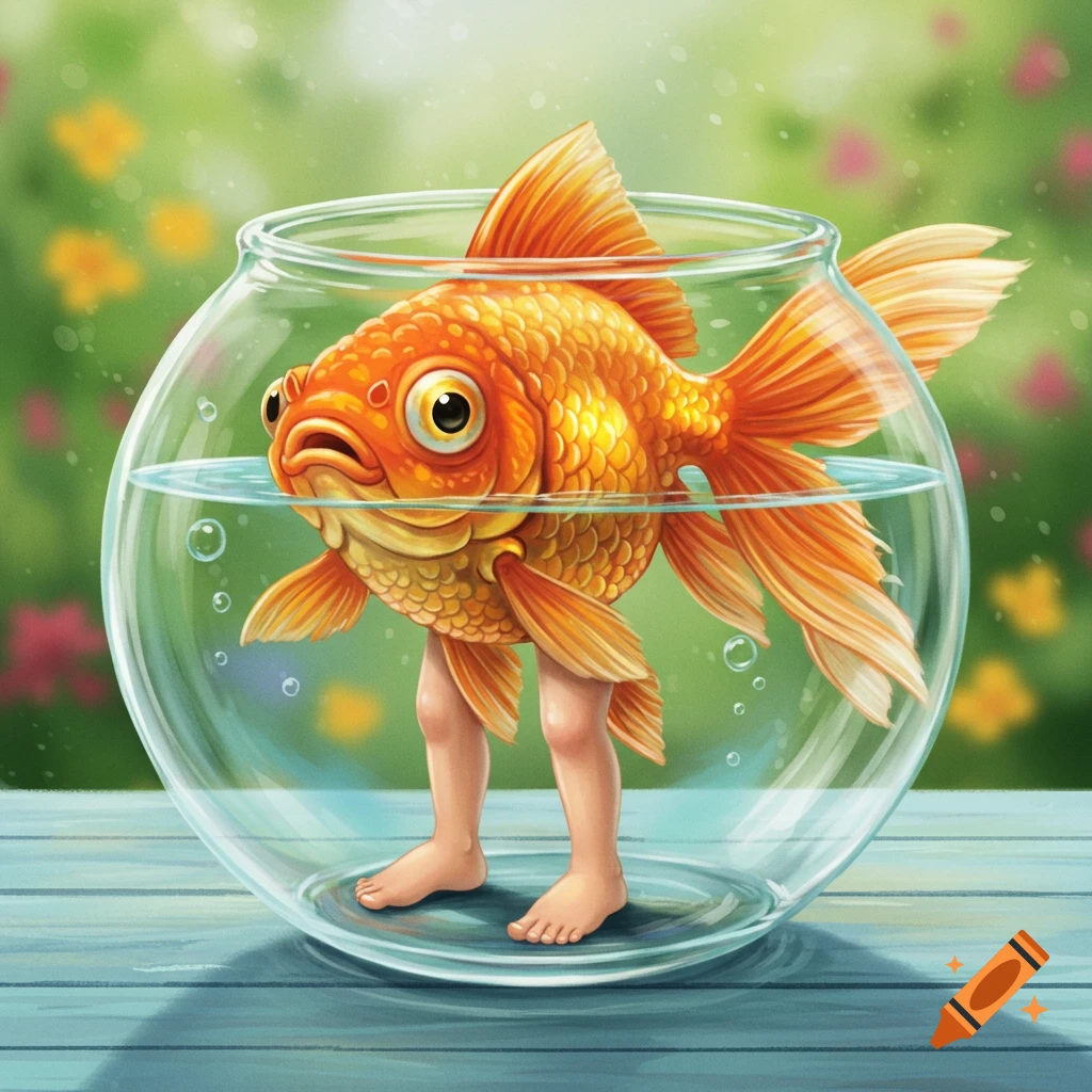 An illustration of a goldfish in a bowl standing on human feet. on Craiyon