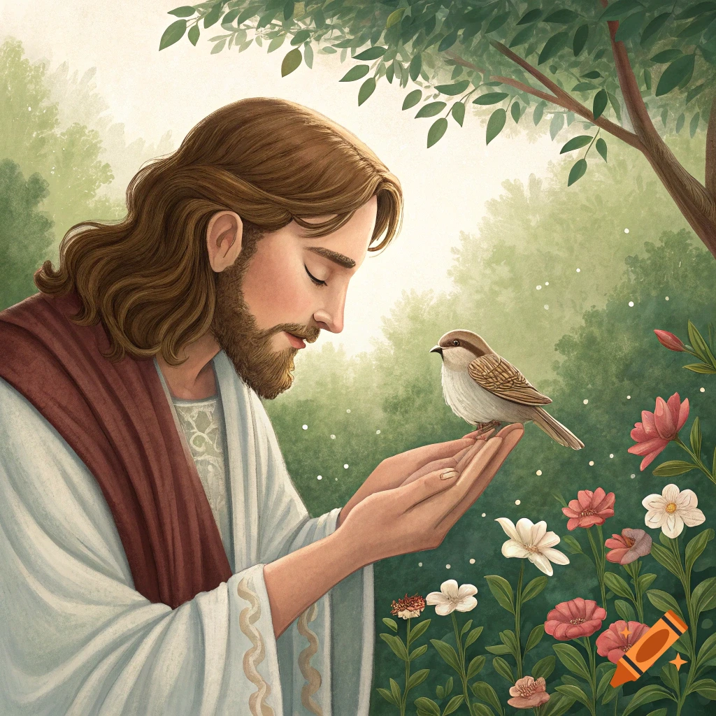 Illustration of Jesus holding a sparrow in his hands in a sunny garden ...