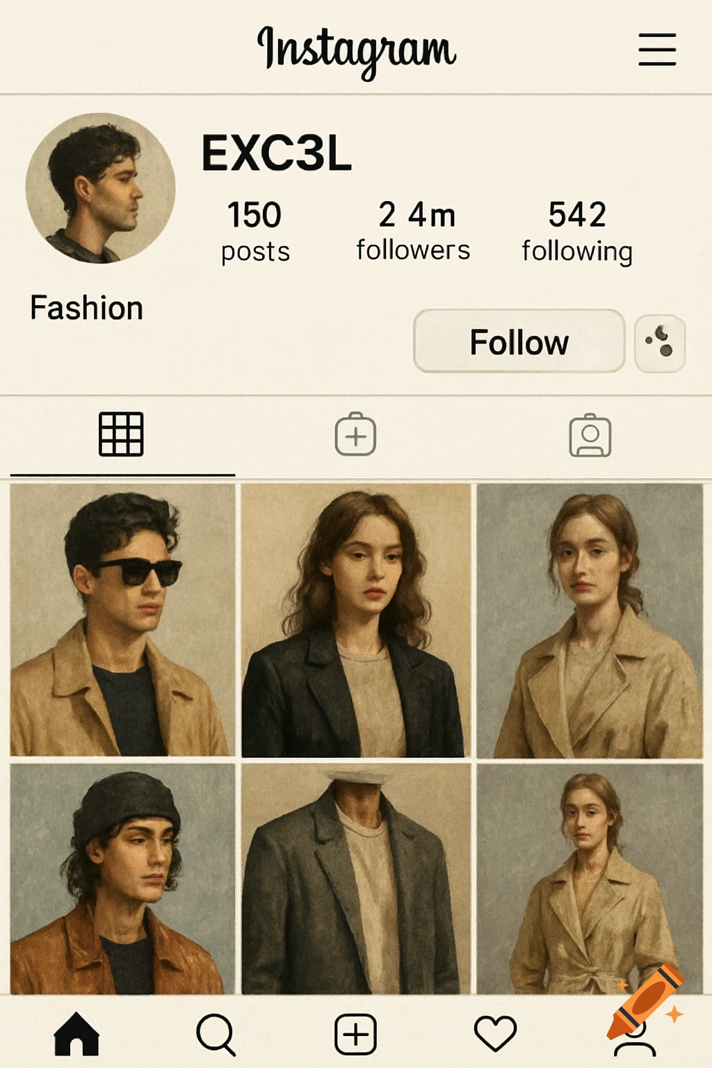 Simulated Instagram profile page for a fashion account, showing a ...