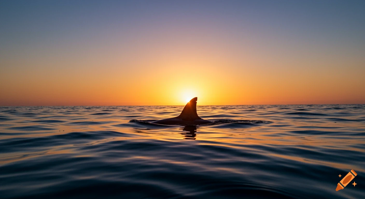 A shark fin breaks the surface of the ocean during sunset on Craiyon