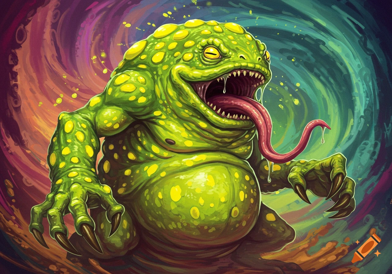 A green bumpy fantasy creature with yellow spots, claws, and a long ...