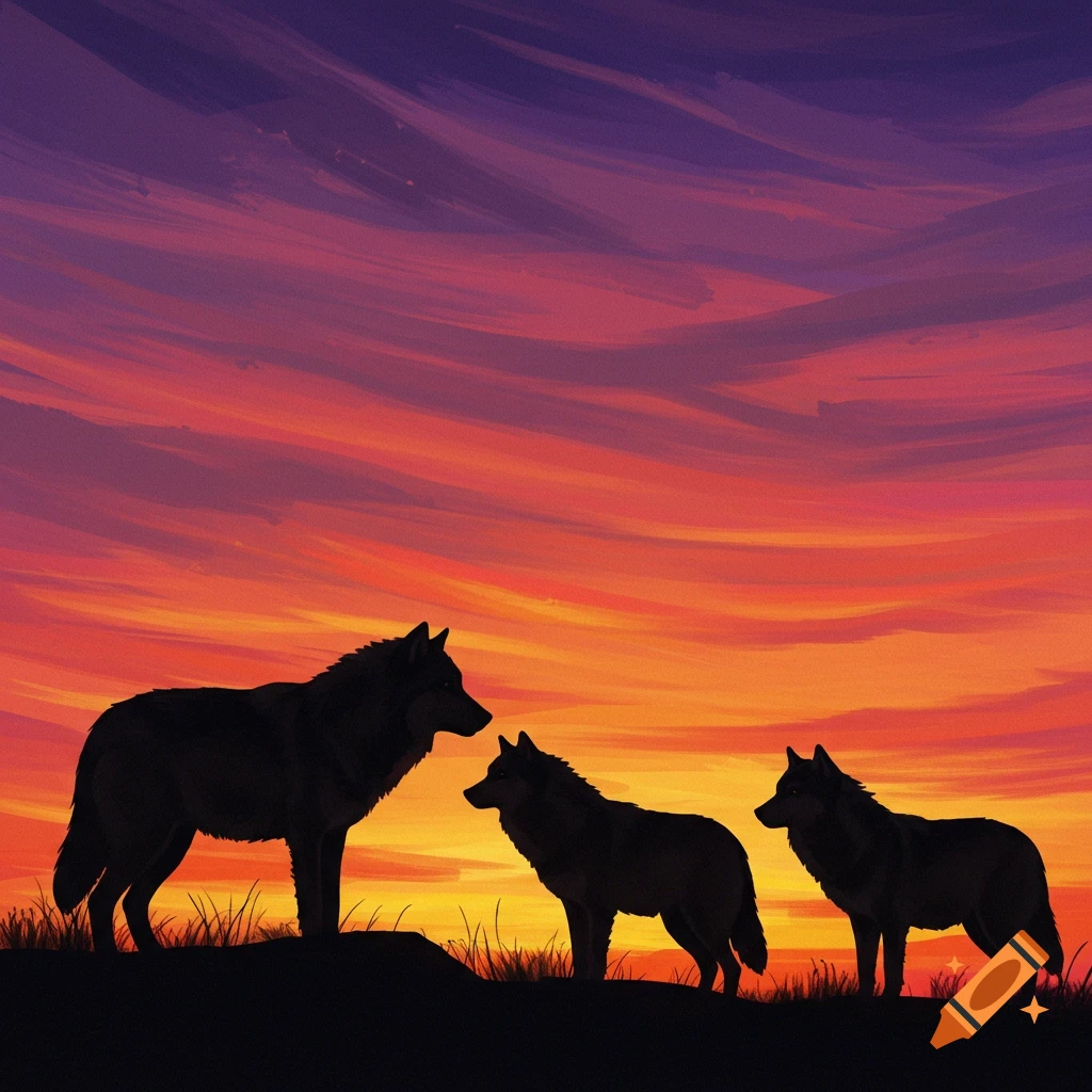 Silhouettes of three wolves standing on a ridge against a vibrant ...