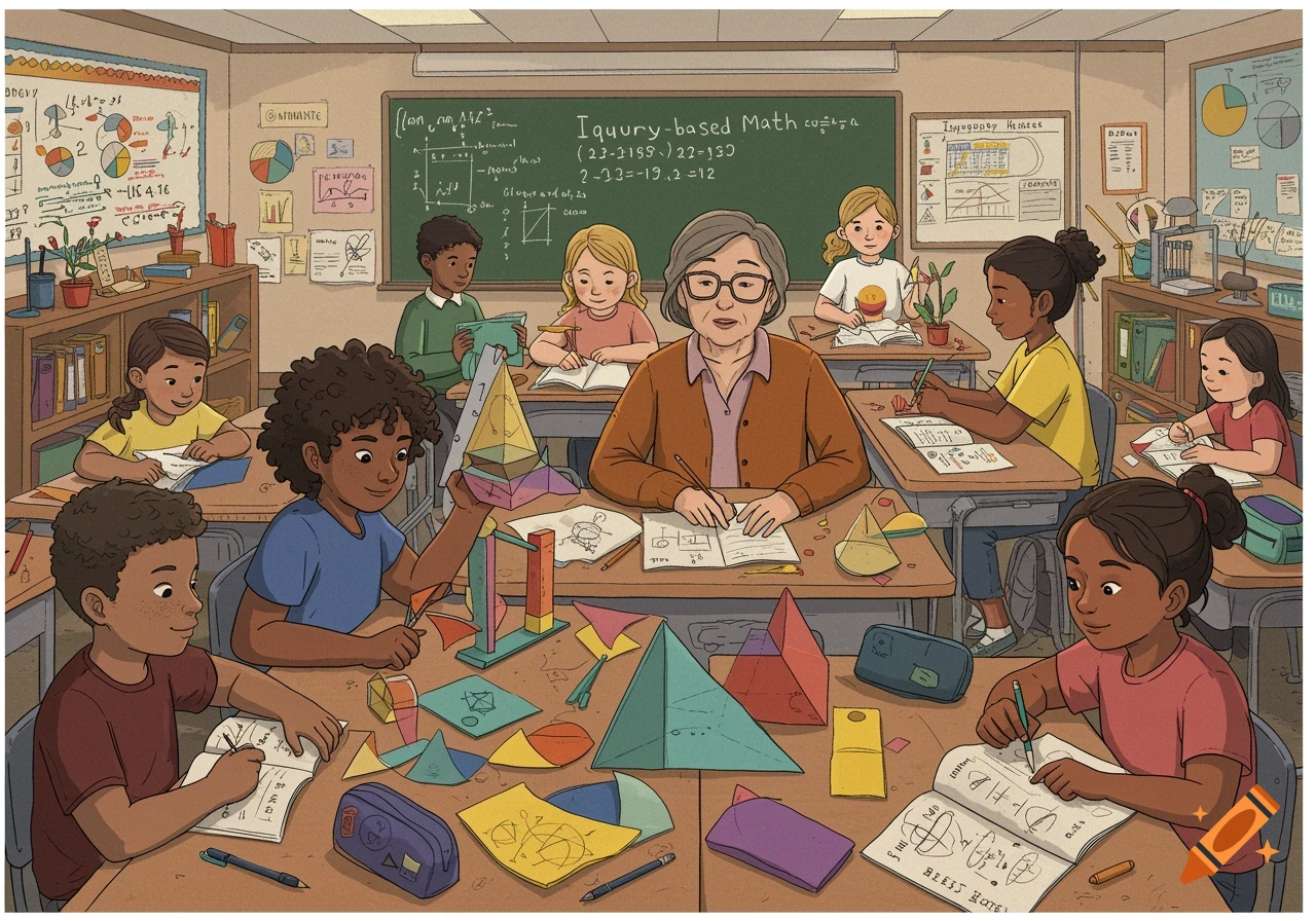 Illustration of students and a teacher learning math in a classroom. on ...