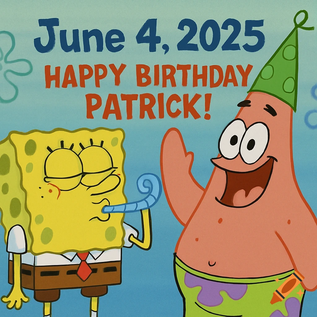 Spongebob blows a party blower while Patrick waves, under text reading ...