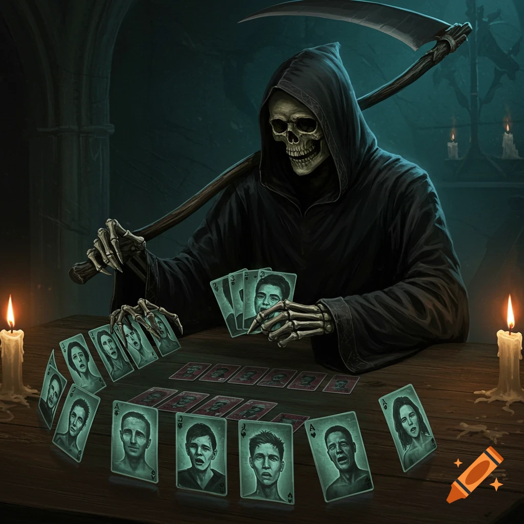 Grim Reaper playing cards with a deck showing human faces in a dark ...