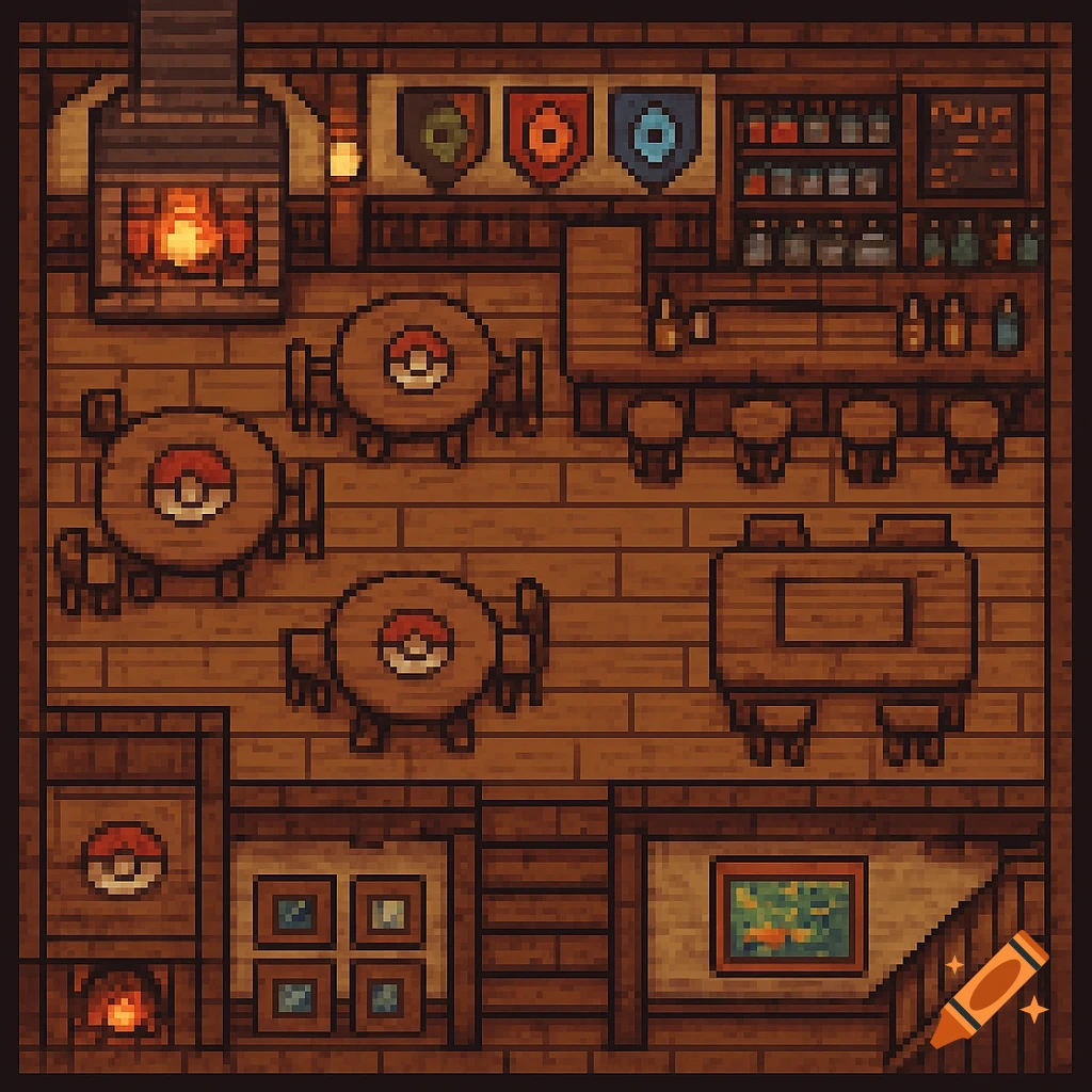 Top-down pixel art view of a cozy Pokémon-inspired tavern with tables ...