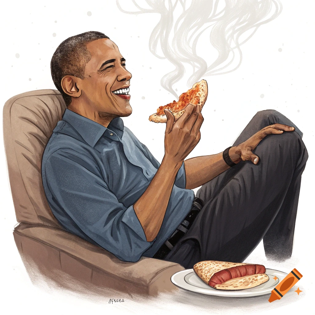 Illustration of Barack Obama laughing and eating pizza in a chair, with ...