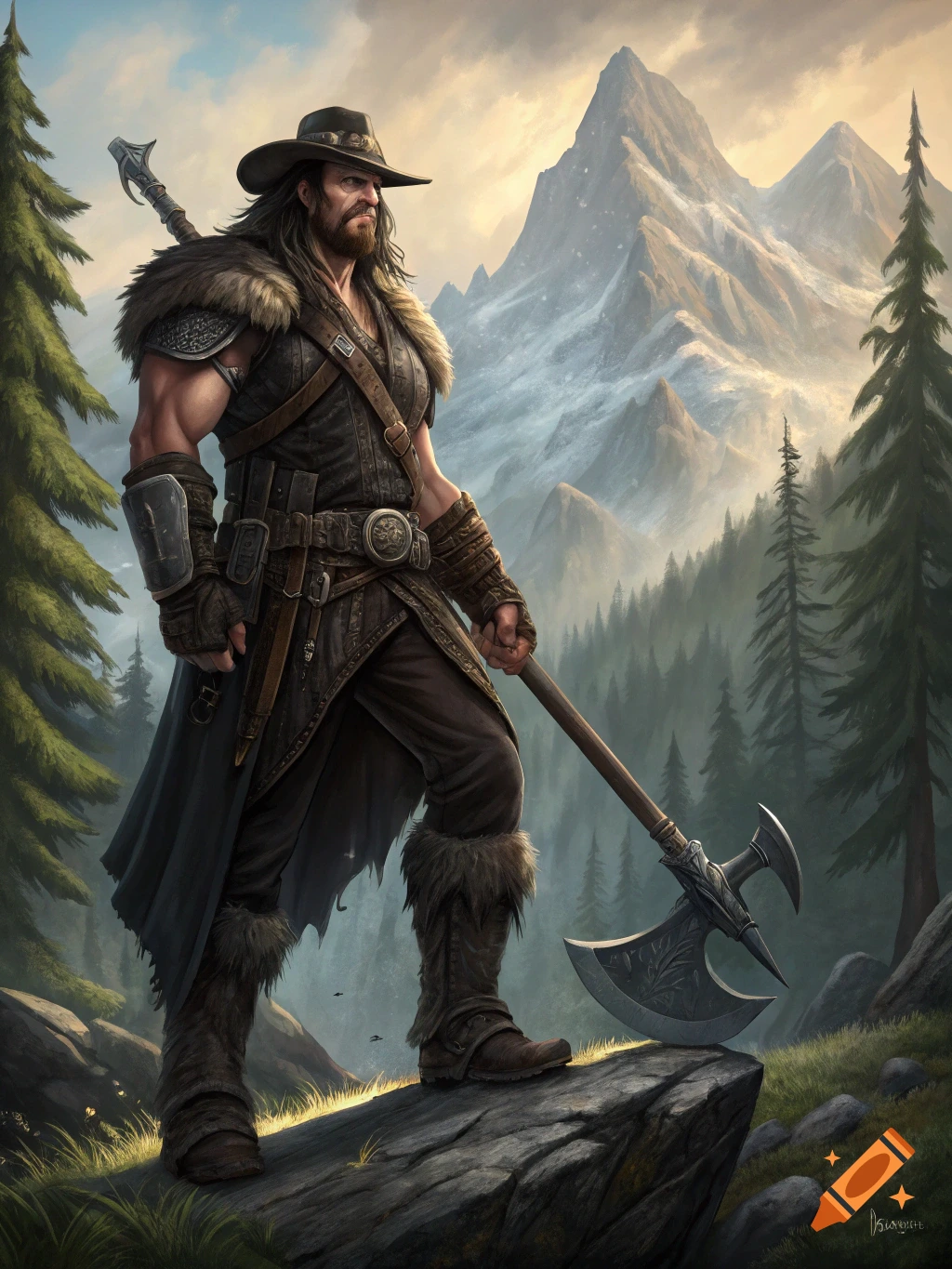 Fantasy barbarian warrior standing with an axe in a mountain landscape ...