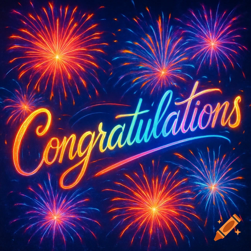 Colorful fireworks burst behind neon text reading 'Congratulations'. on ...