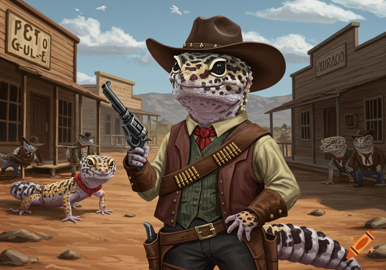 Leopard gecko cowboy stands in a western town with other gecko ...