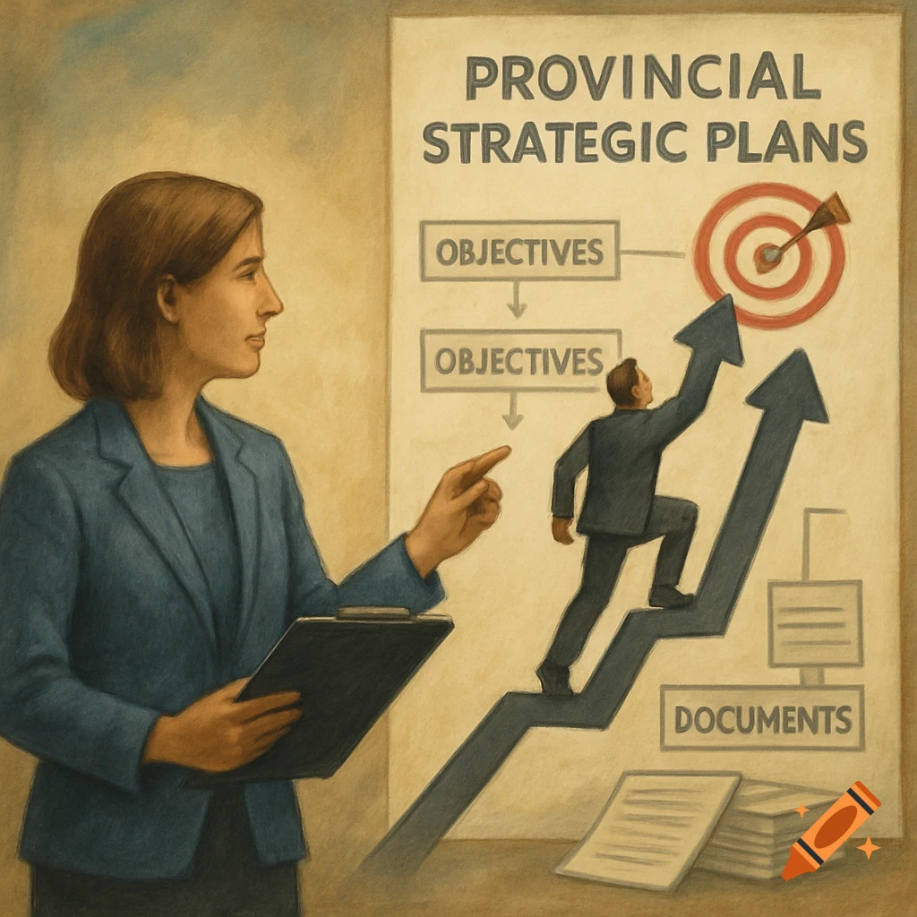 Illustration of a woman pointing at a strategic plan chart showing ...