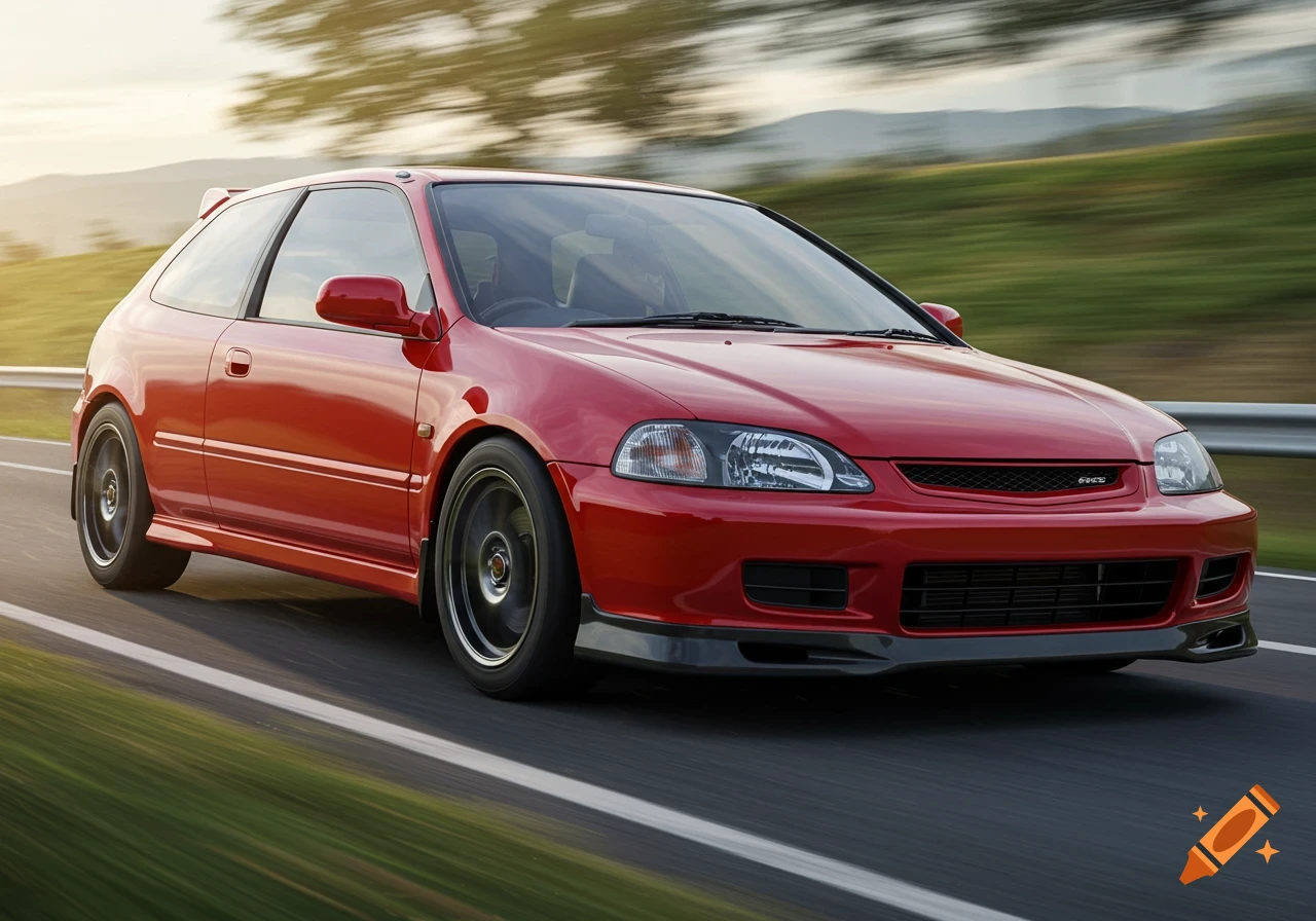 A red Honda Civic Type R hatchback drives on a road with motion blur ...