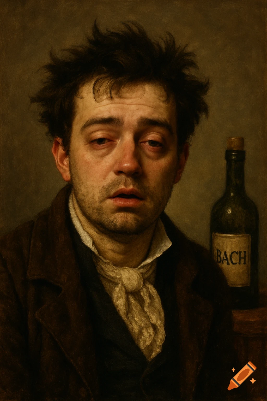 A painting of a disheveled man with red eyes next to a bottle labeled ...