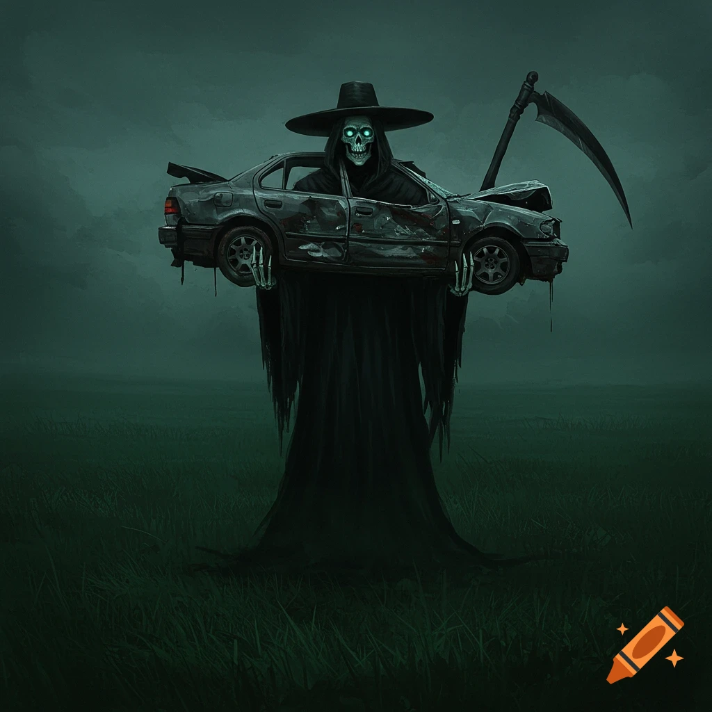 Grim Reaper in a wide-brimmed hat holding a crashed car in a misty ...