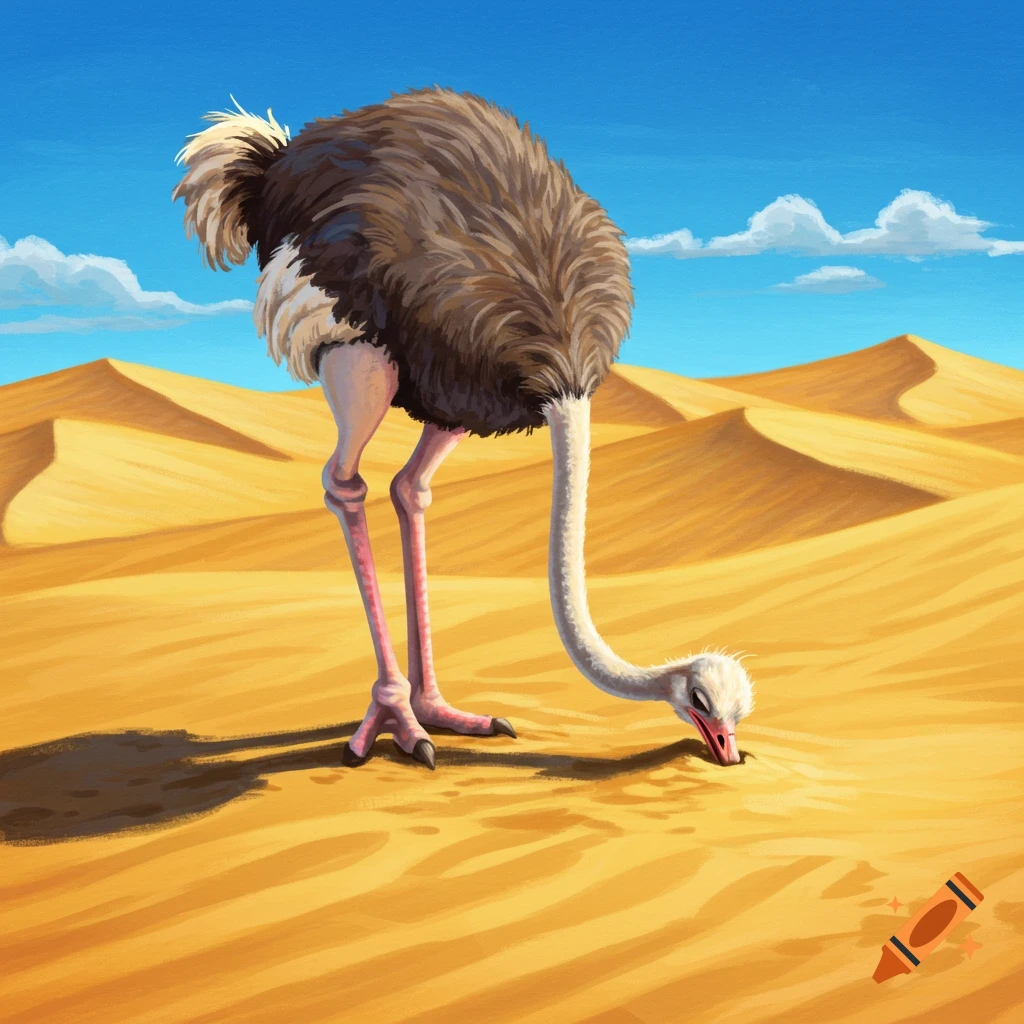 Illustration of an ostrich burying its head in the sand in a desert. on ...