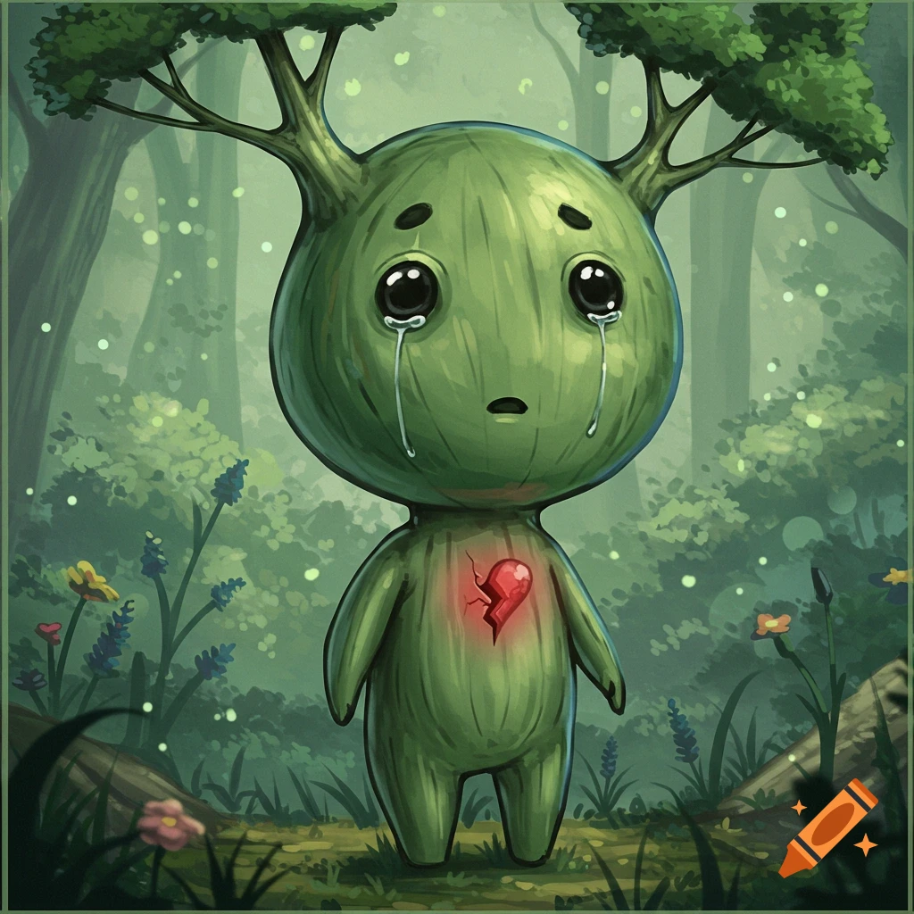 A sad cartoon tree creature with a broken heart stands in a forest. on ...