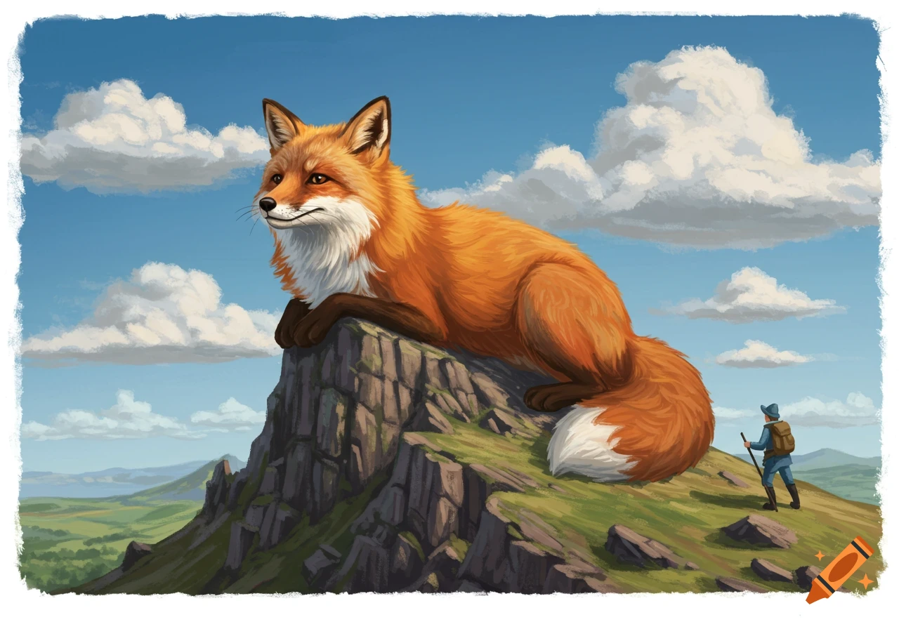 Painterly illustration of a giant fox lying on a mountain peak with a ...