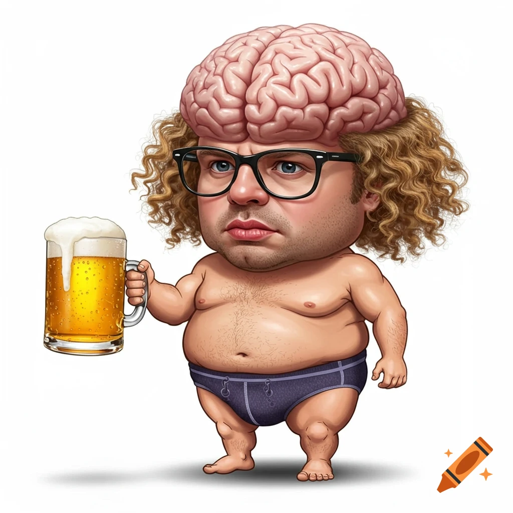 Caricature of a short man with a giant brain, curly hair, glasses, and ...