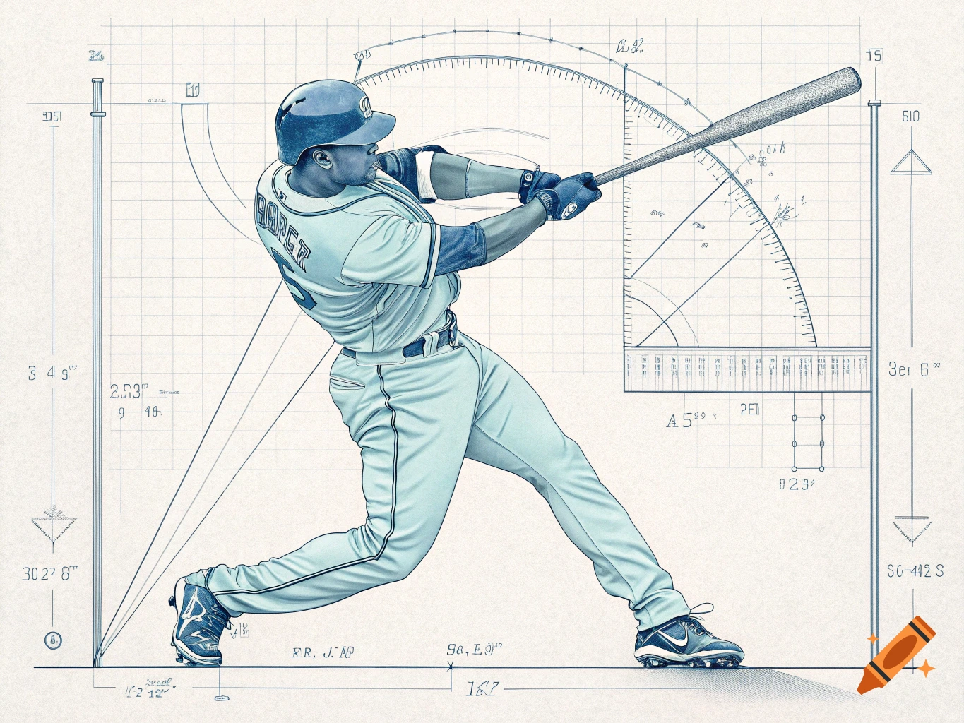 Blueprint drawing of a baseball player swinging a bat with measurements ...