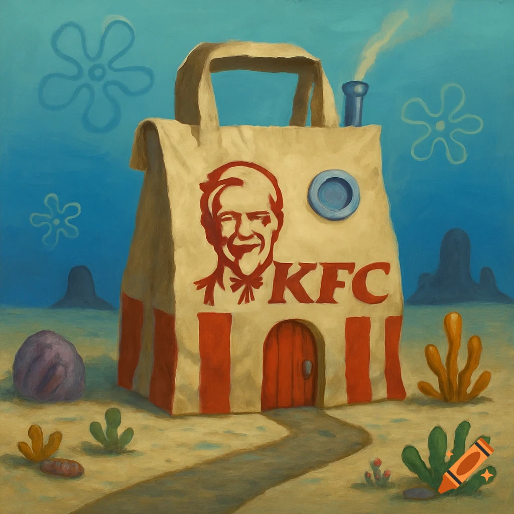 Painting of a KFC bag shaped like a house in a cartoon underwater ...