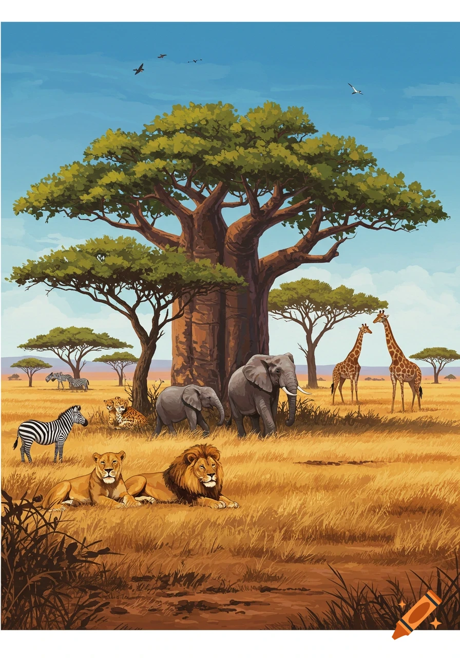 Illustration of lions, zebras, elephants, and giraffes in an African ...