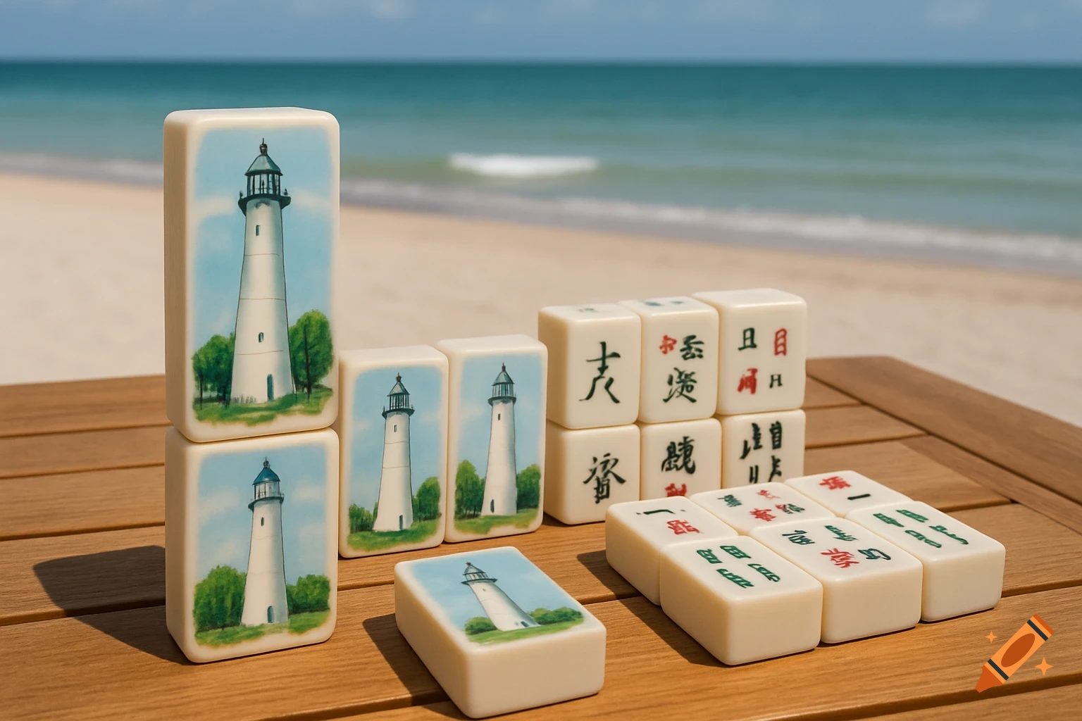 Mahjong tiles featuring lighthouse images on a wooden table on a beach ...