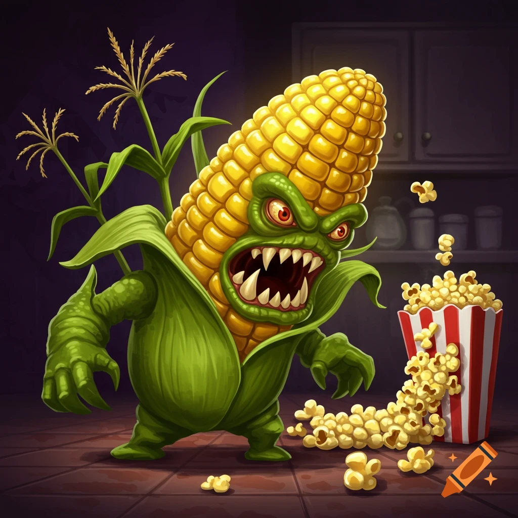 A cartoon corn monster with glowing red eyes and sharp teeth stands ...