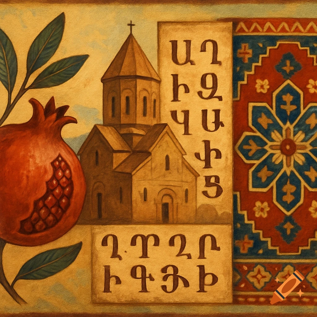 Painting of a pomegranate, an Armenian church, Armenian script, and a ...