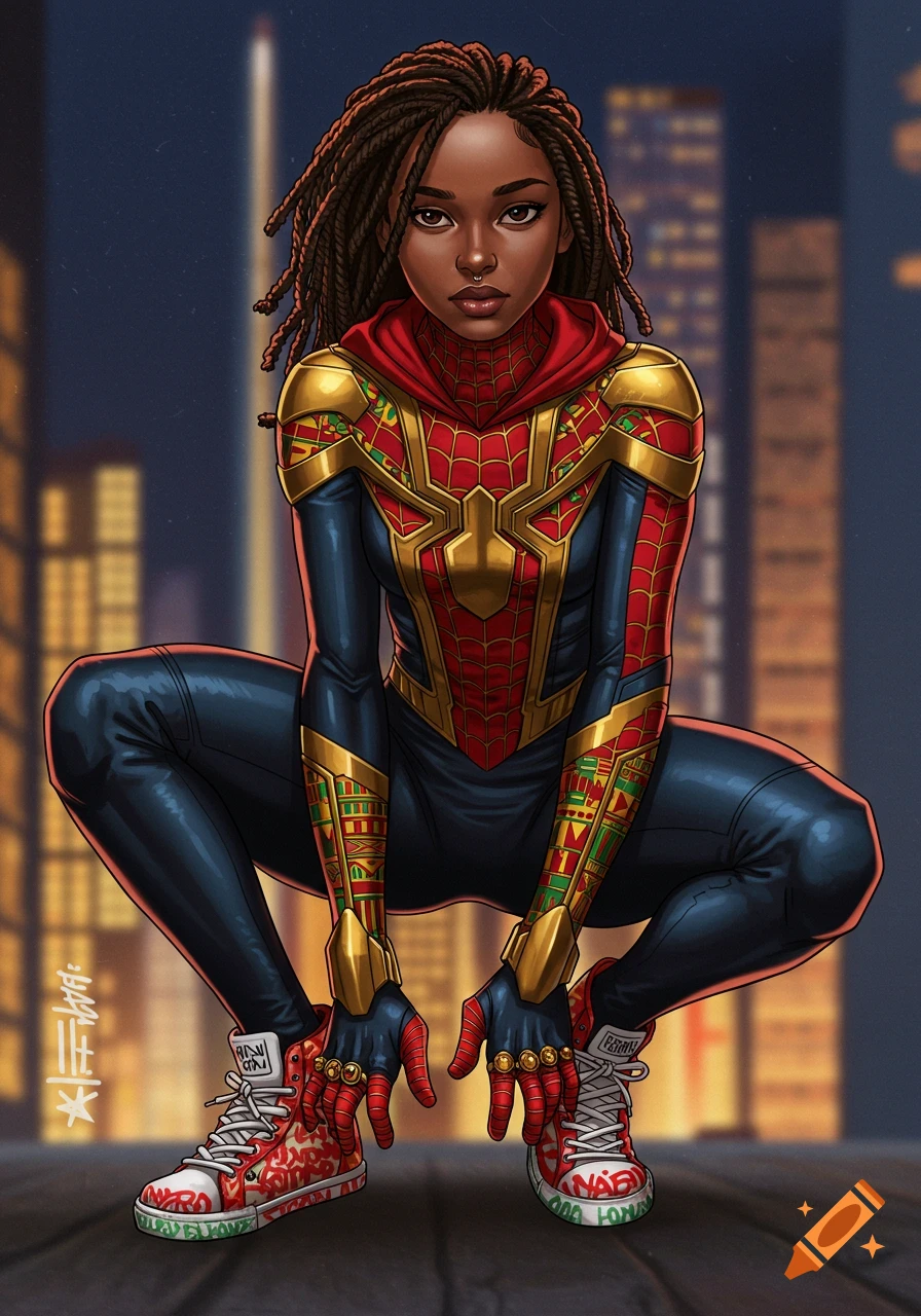 A Black Spider-Woman with dreadlocks in a suit with African-inspired ...